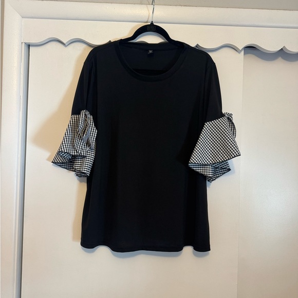 SHEIN | Tops | Shein Black Top With Checkered Ruffle Sleeves | Poshmark